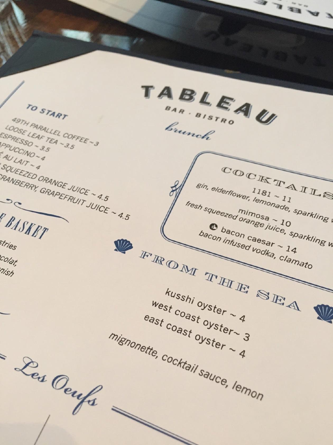 Menu at Tableau Bar Bistro, Vancouver