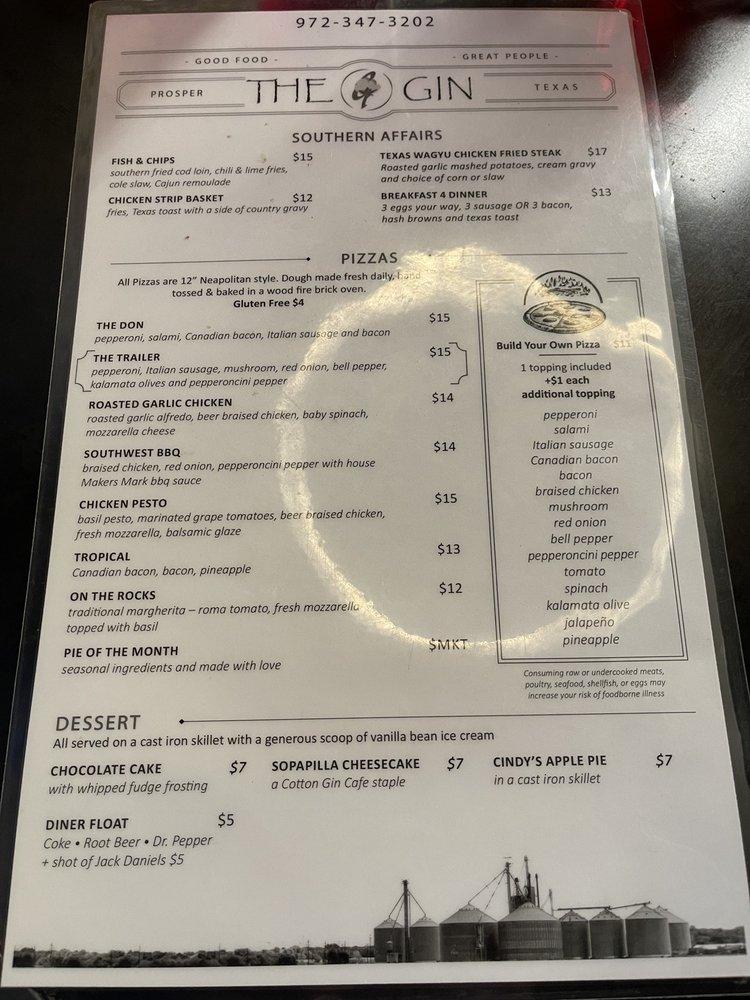 Menu at The Gin pub & bar, Prosper, 204 W Broadway St