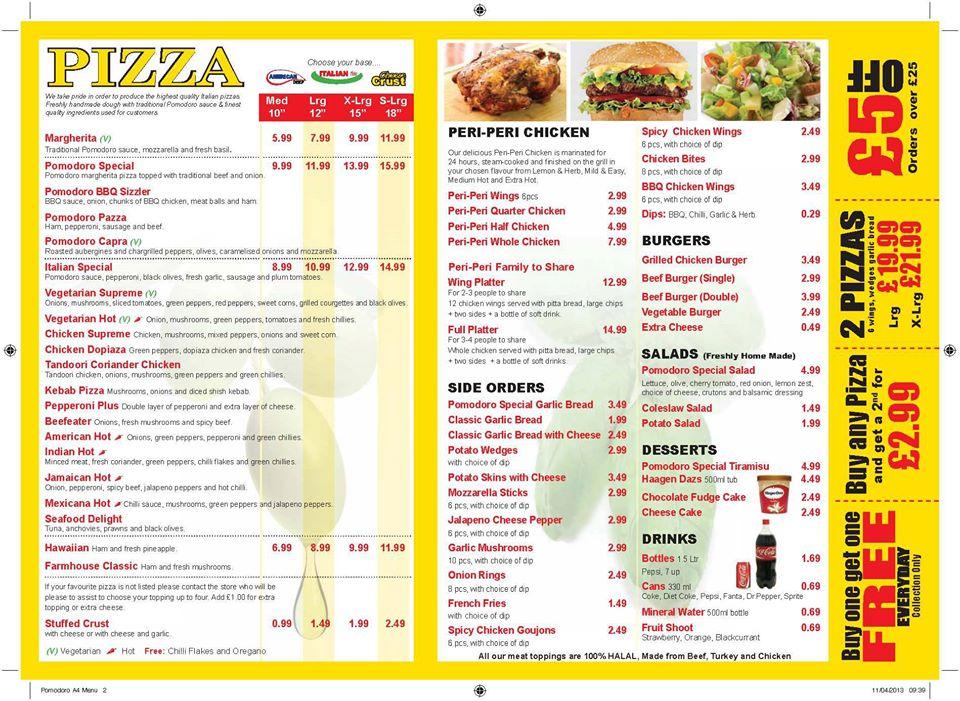 Menu at The Pomodoro pizza & grill restaurant, London