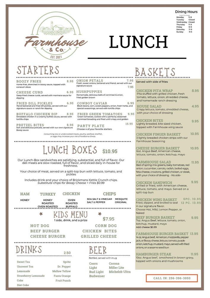 Menu at Farmhouse & Co. pub & bar, Lineville