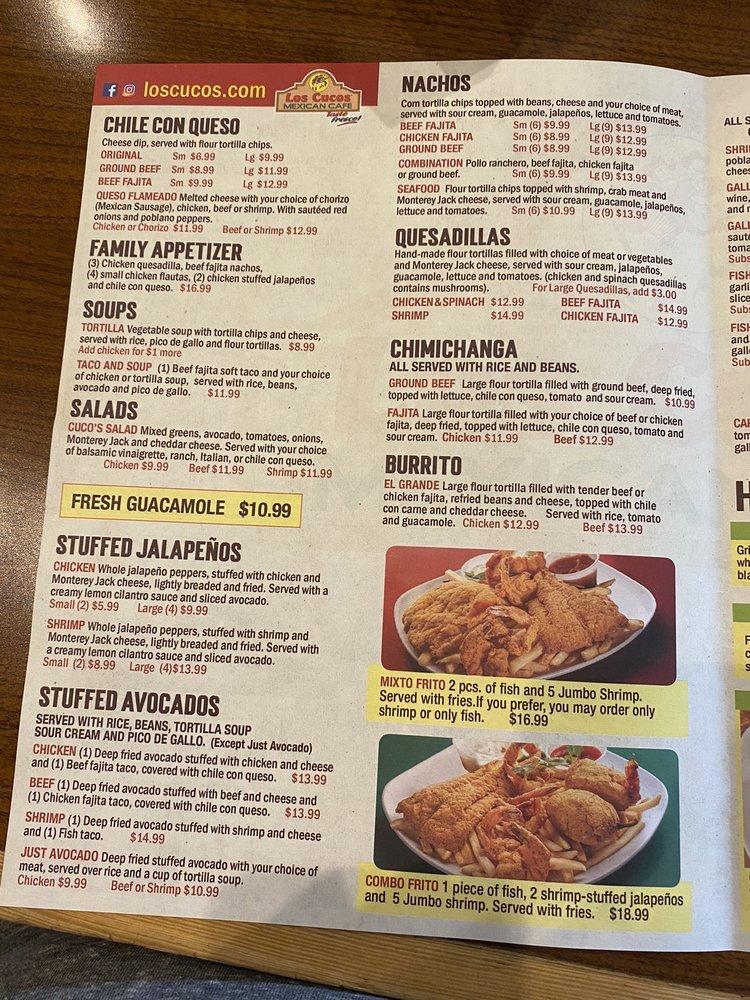 Menu at Los Cucos Mexican Cafe, Waco