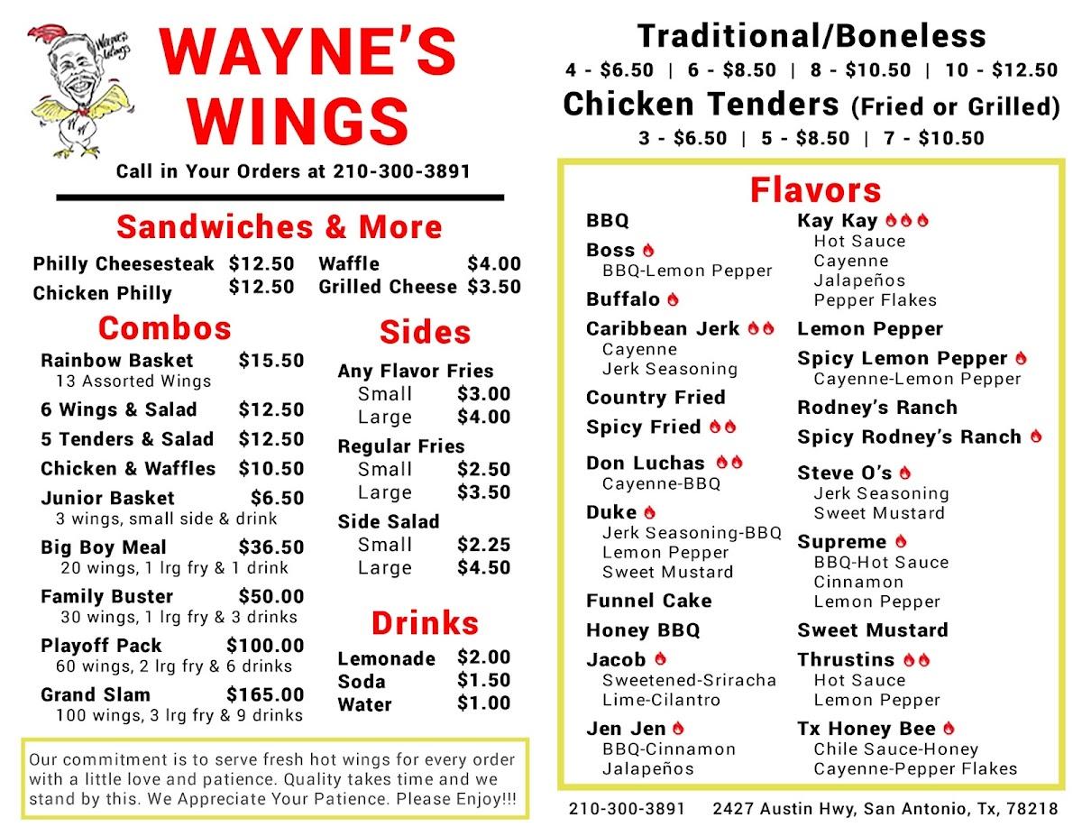Menu at Wayne's Wings restaurant, San Antonio, Walzem Rd