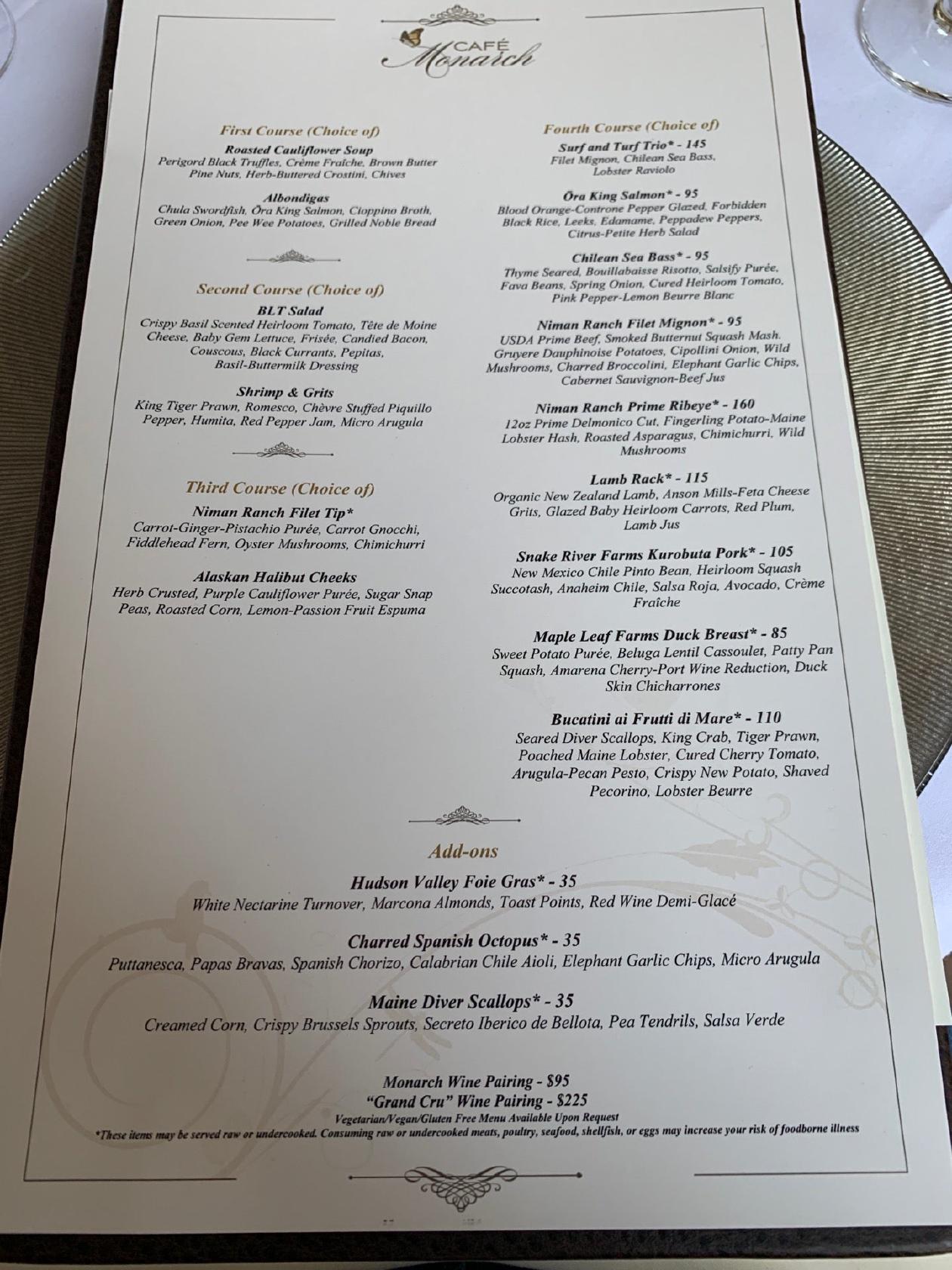 Menu at Cafe Monarch, Scottsdale