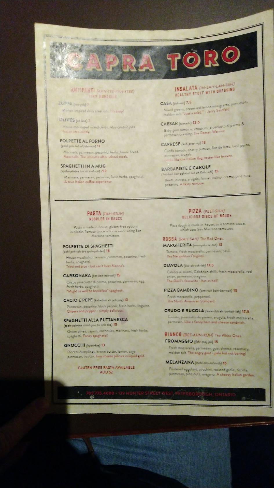 Menu at Capra Toro pizzeria, Peterborough