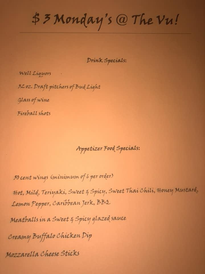 Menu at The VU pub & bar, Anderson