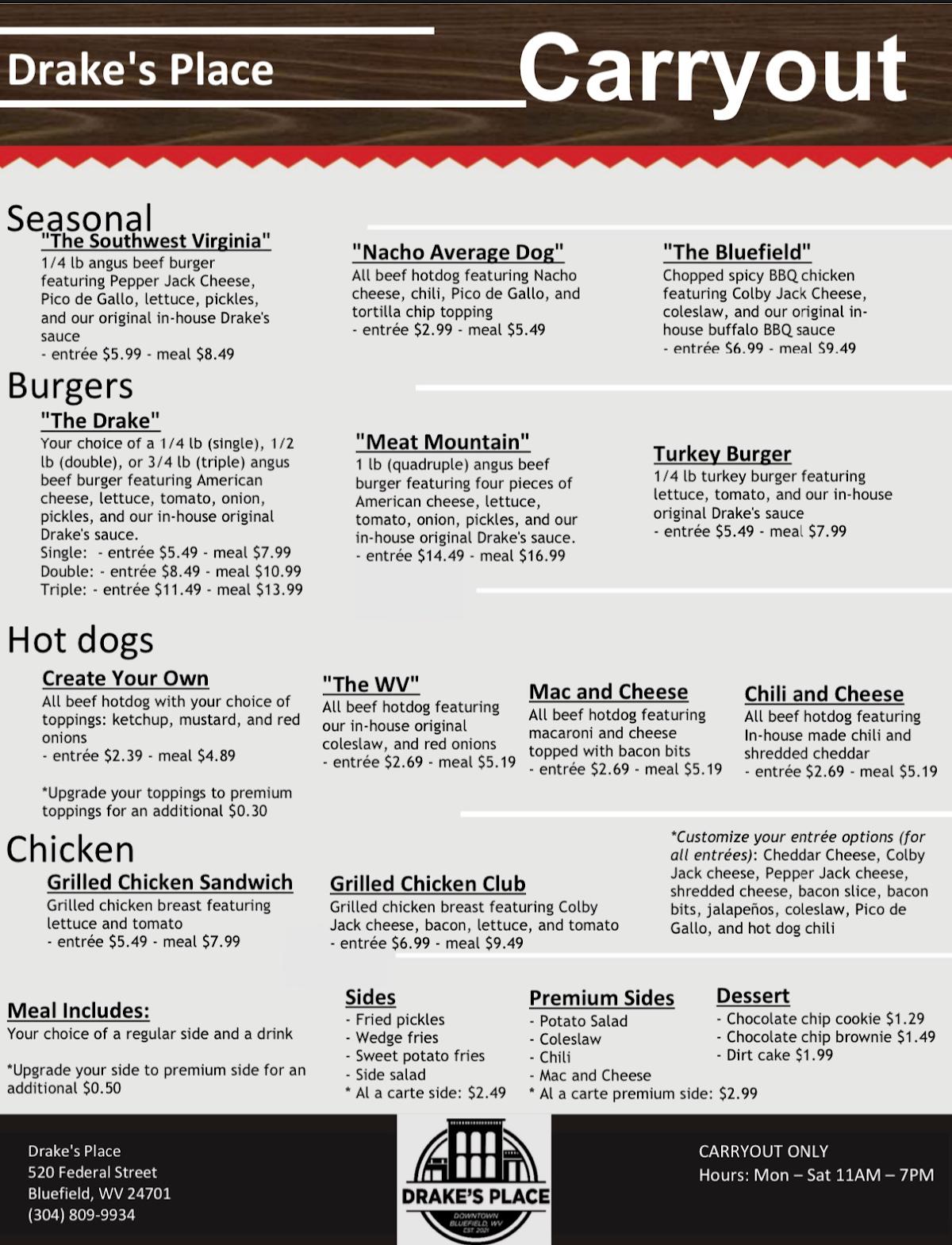 Menu at Drake's Place restaurant, Bluefield