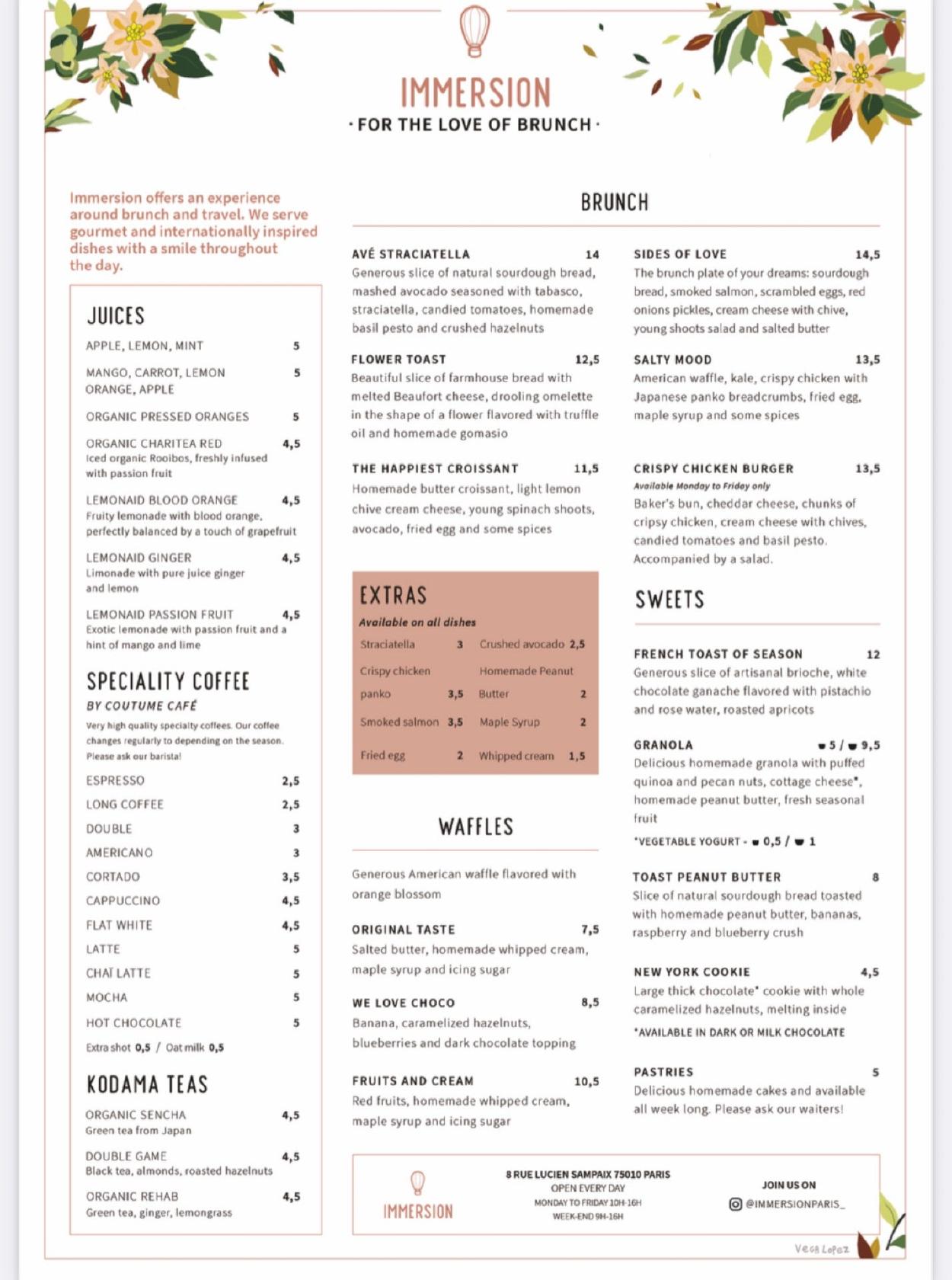Menu at Immersion République, Paris