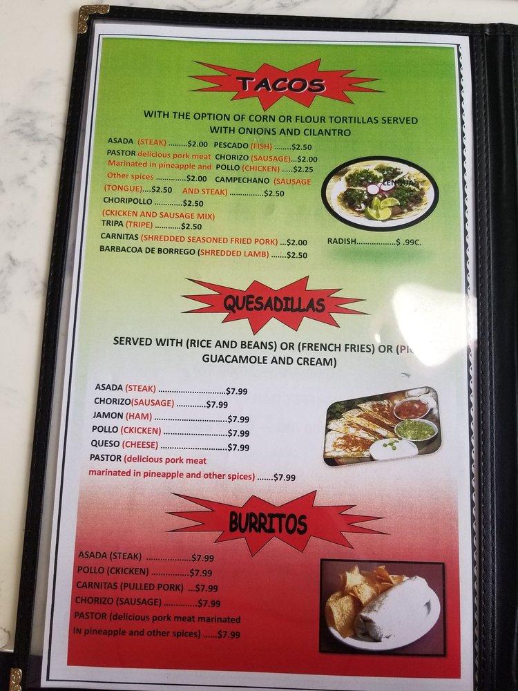 Menu at Julia's Taqueria restaurant, Laurel