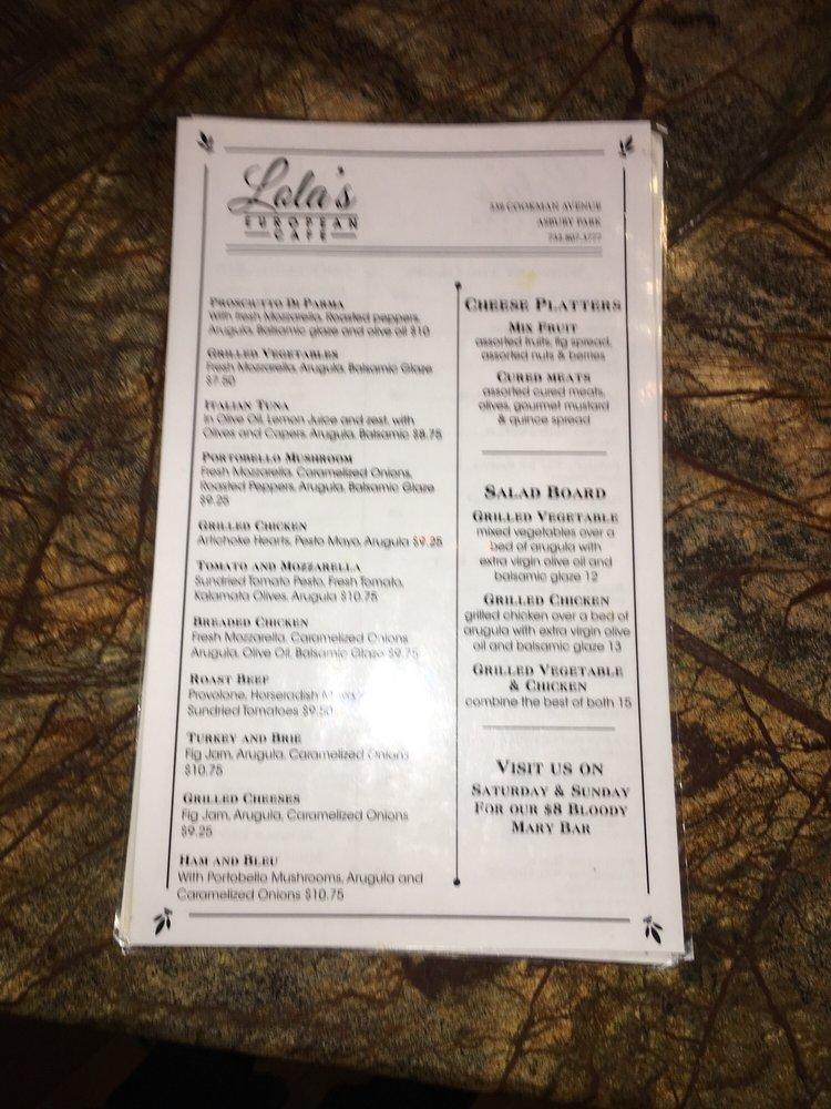 Menu at Lola's European Cafe, Asbury Park