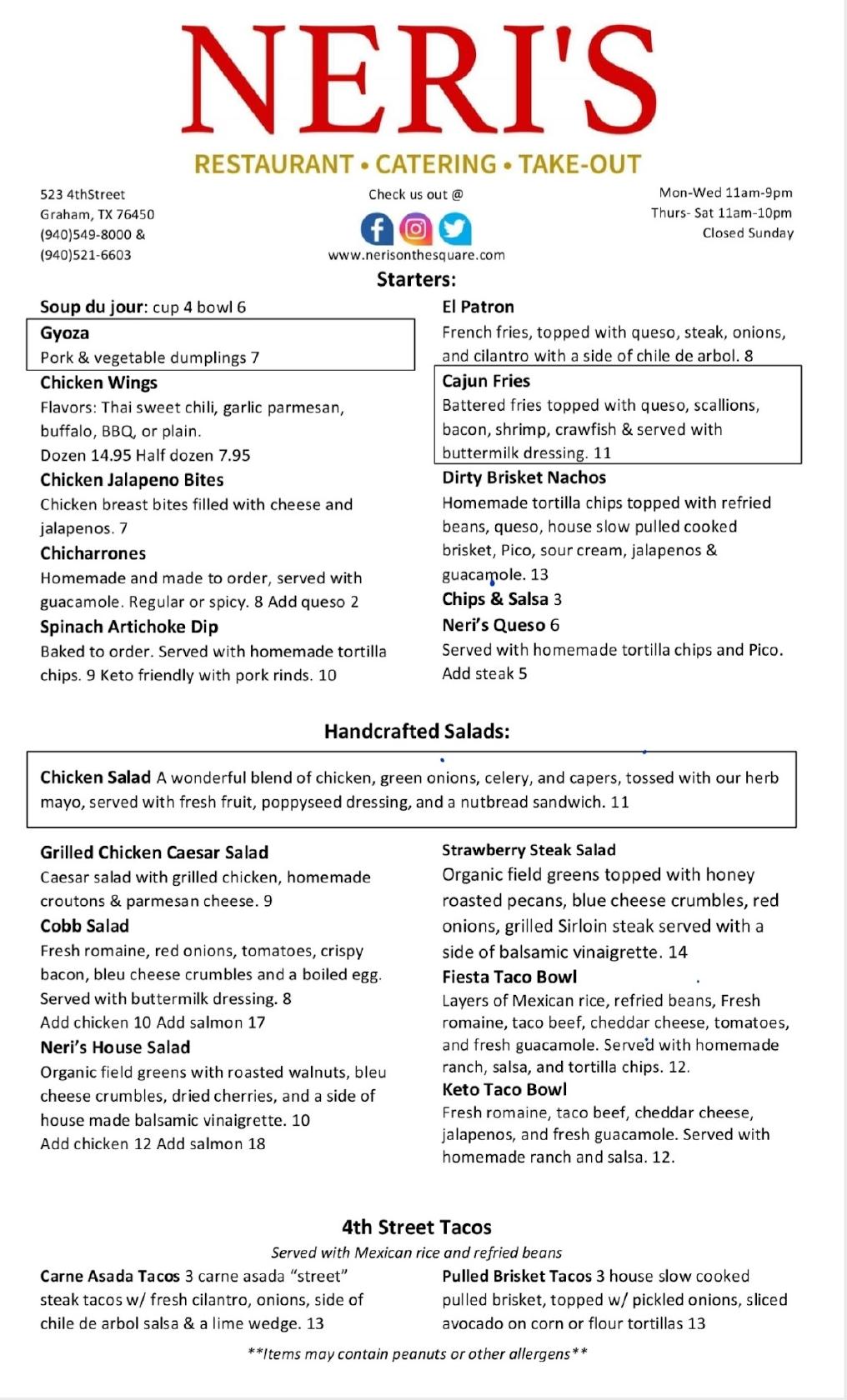 Menu at Neri's on the Square restaurant, Graham
