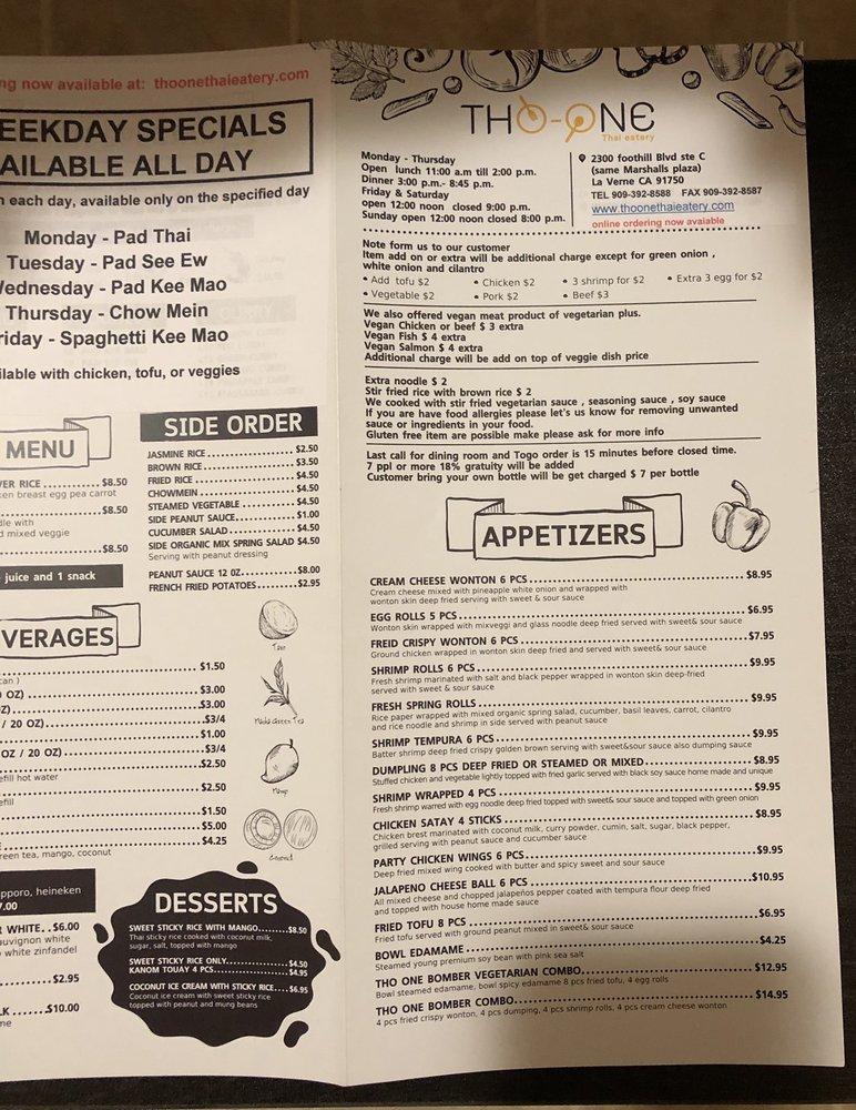 Menu at Tho One Thai Eatery restaurant, La Verne