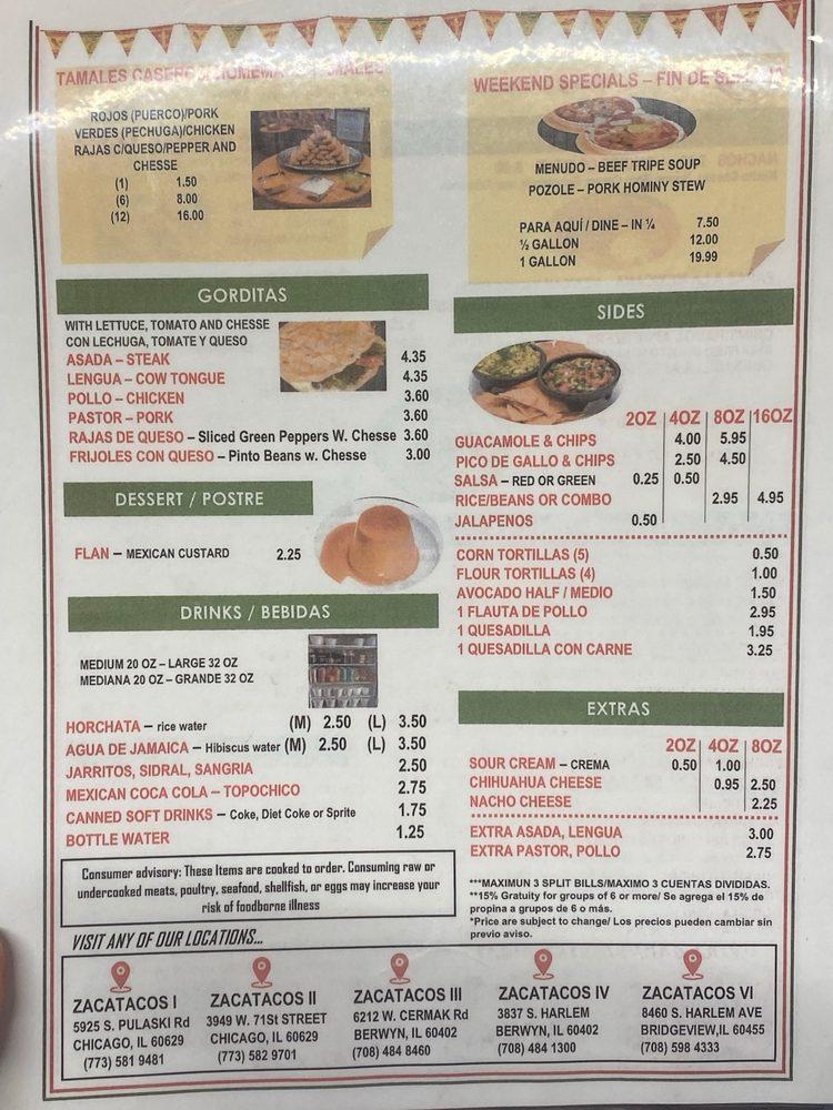 Menu at Zacatacos restaurant, Berwyn, S Harlem Ave