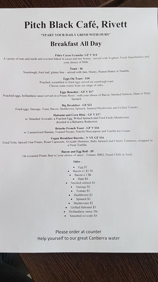 Menu at Pitch Black Cafe, Rivett