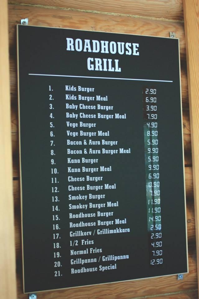 Menu at Roadhouse restaurant, Finland, Lövö Rastplats
