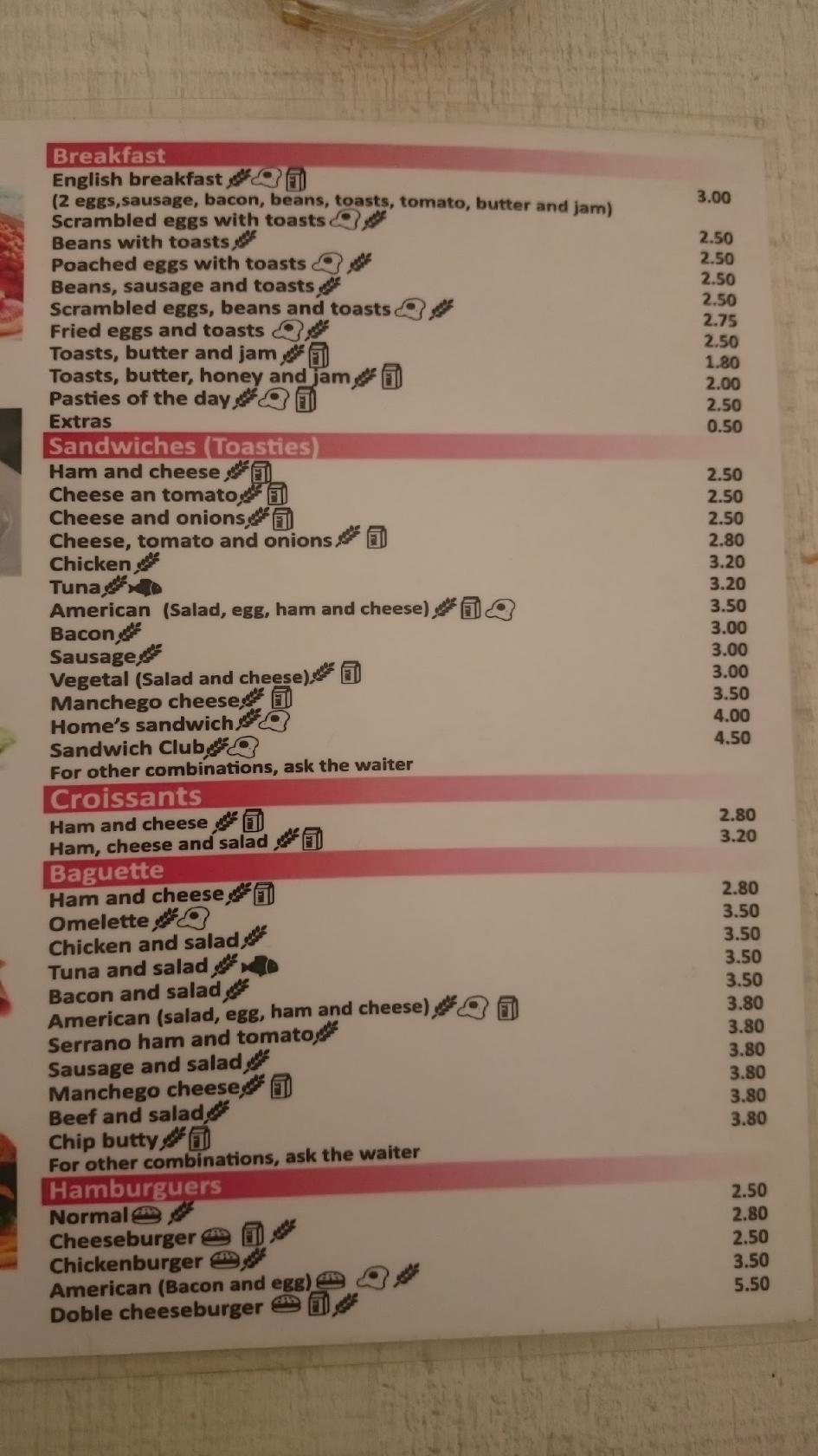 Menu at Las Castañuelas restaurant, Los Cristianos