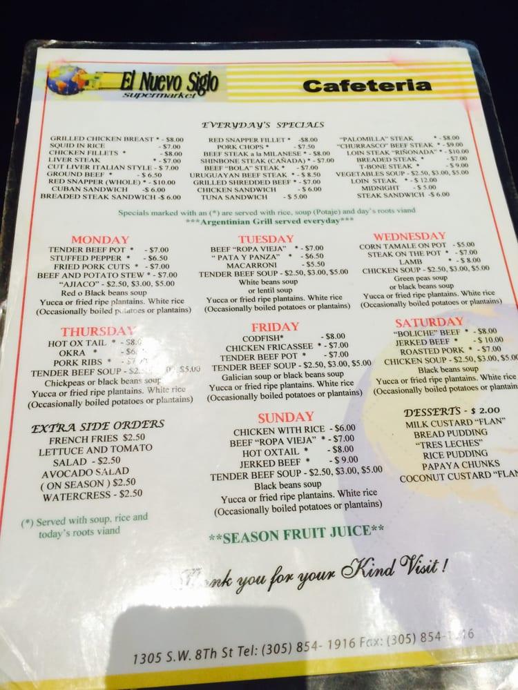 Menu at El Nuevo Siglo restaurant, Miami