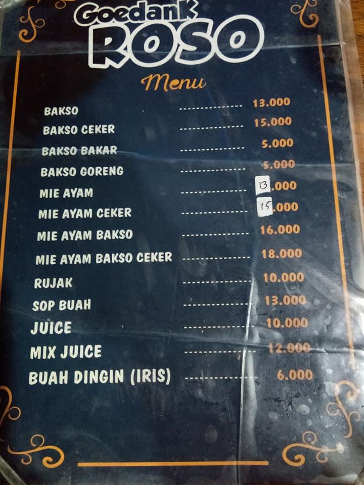 Menu at Goedank Roso restaurant, Dusun Bangko