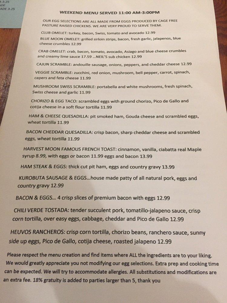 Menu at Harvest Moon Restaurant, Modesto