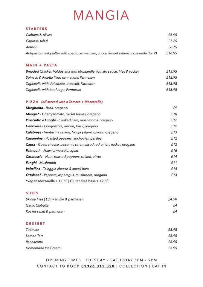 Menu at Mangia restaurant, Falmouth