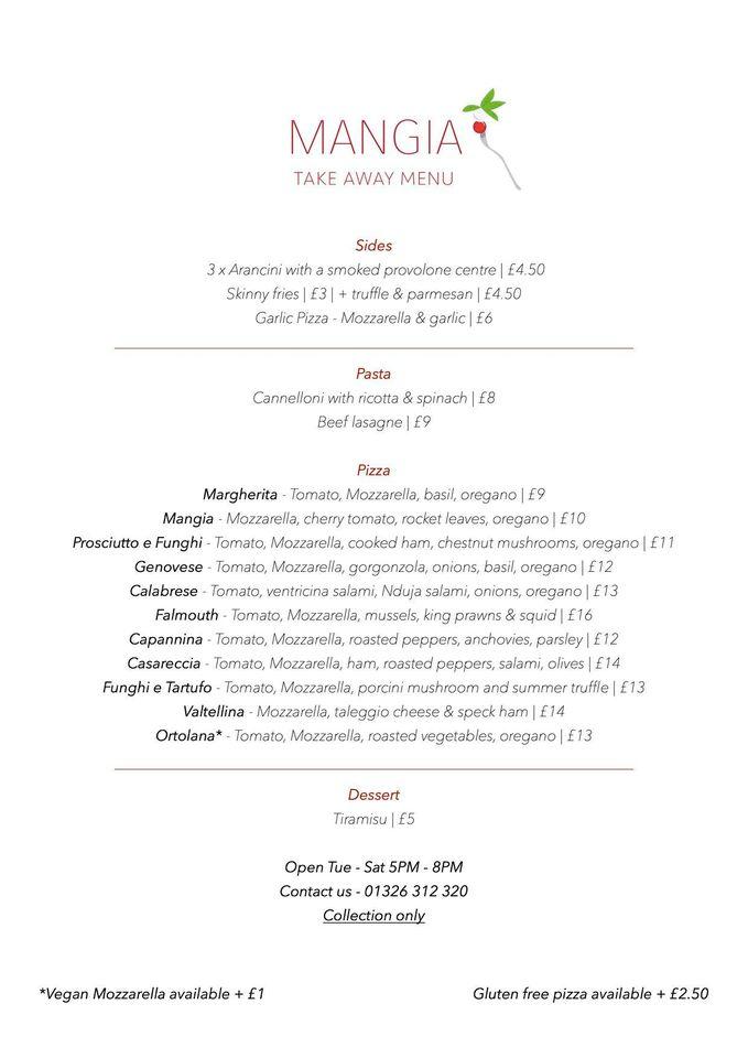 Menu at Mangia restaurant, Falmouth