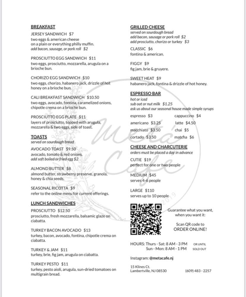Menu at Metá Café cafe, Lambertville