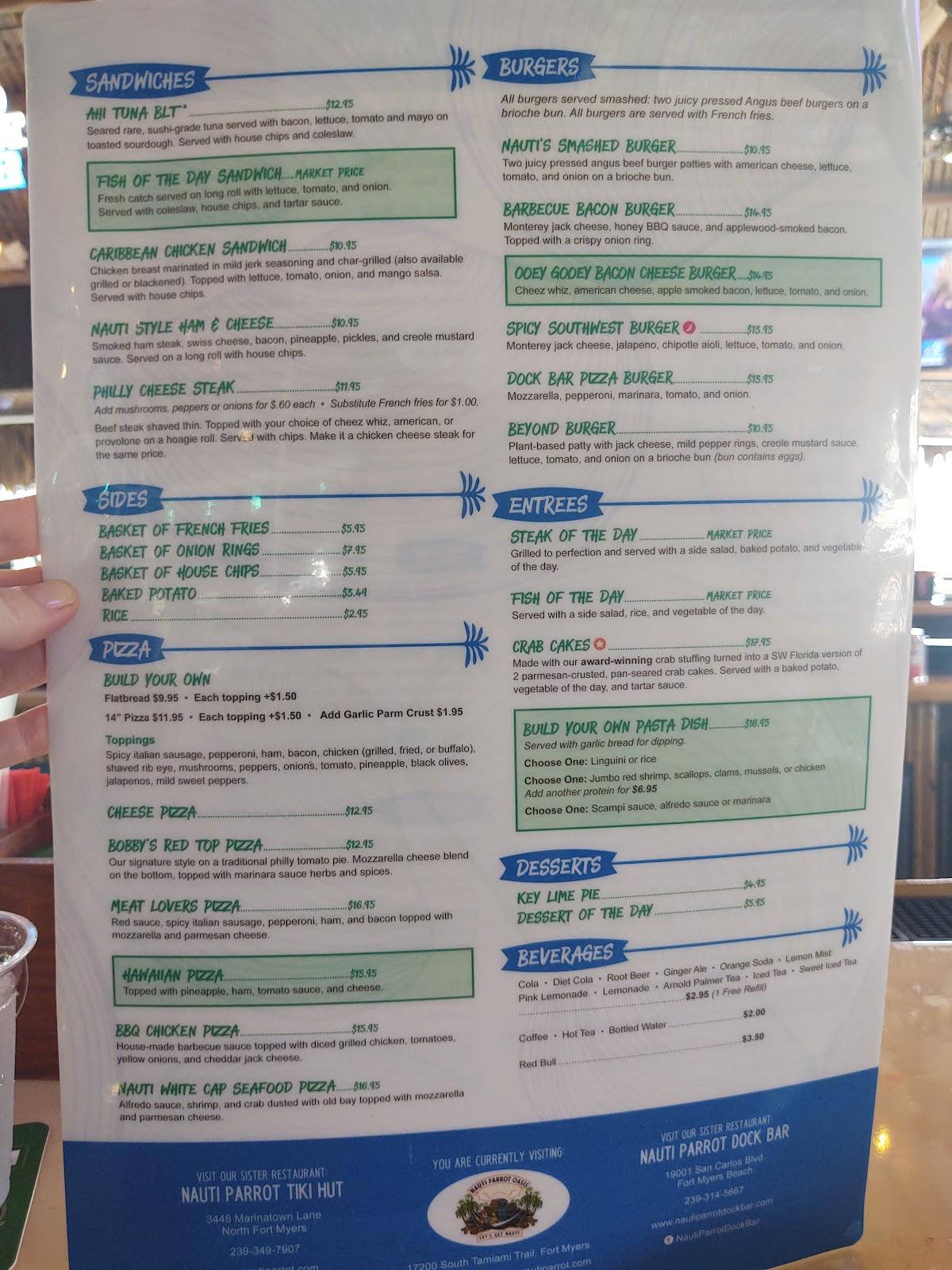 Menu at Nauti Parrot Oasis pub & bar, Fort Myers