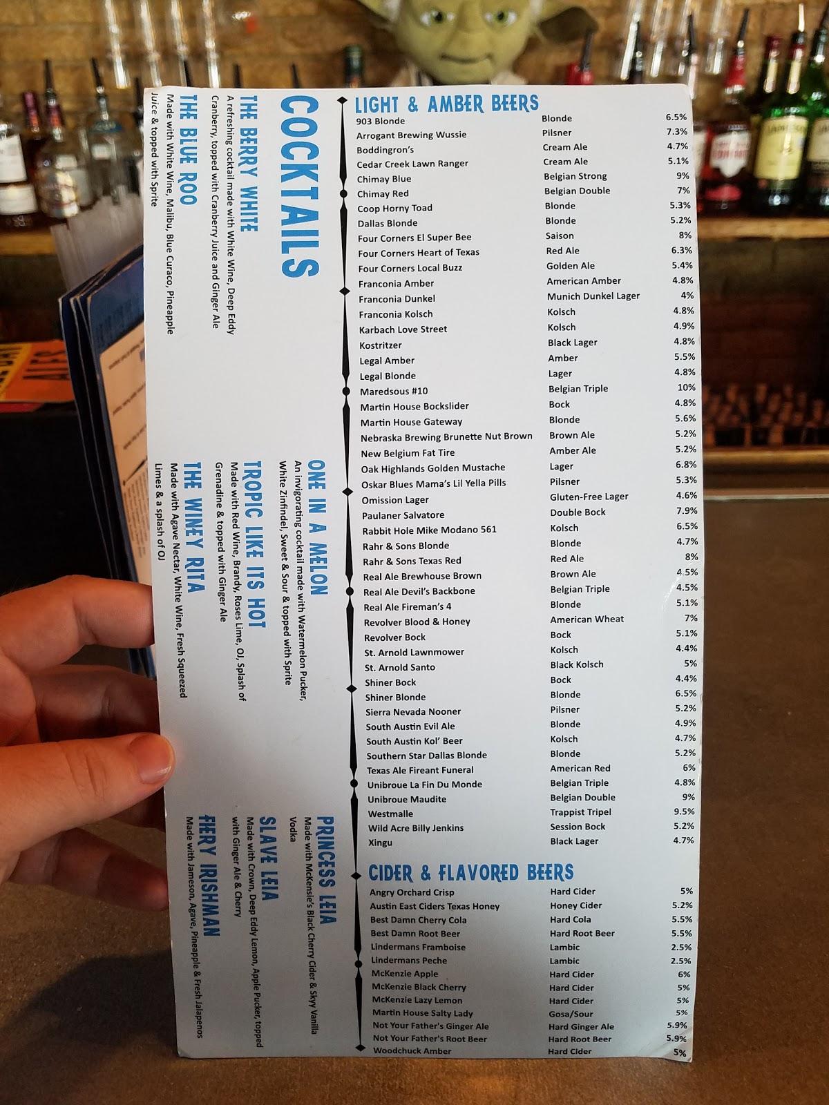 Menu at Shep's restaurant, Weatherford