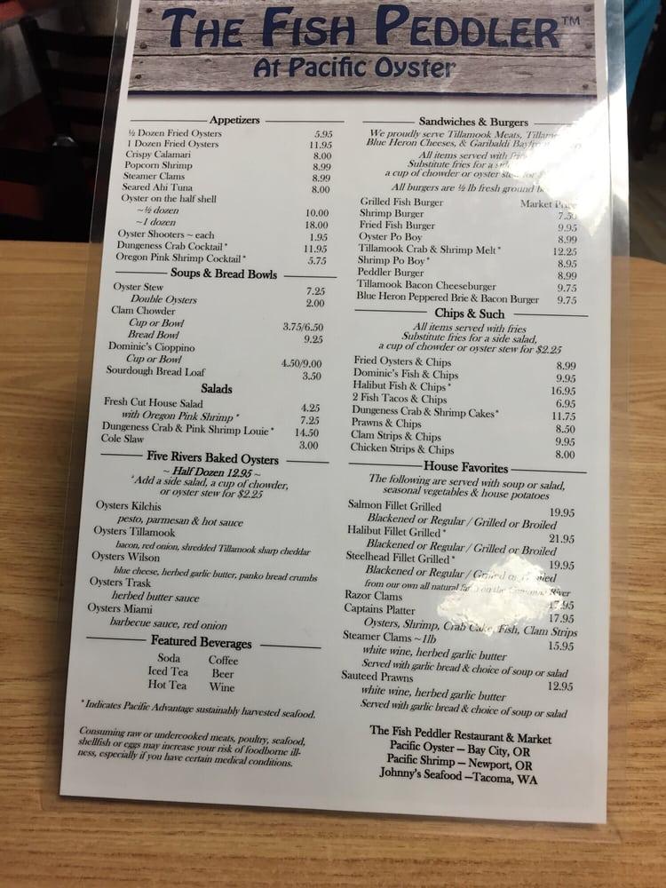 Menu at The Fish Peddler at Pacific Oyster restaurant, Bay City, Hayes ...
