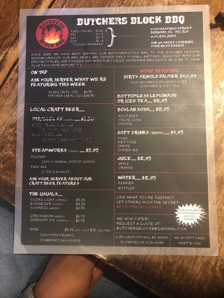Menu at Butchers Block BBQ, Burnaby