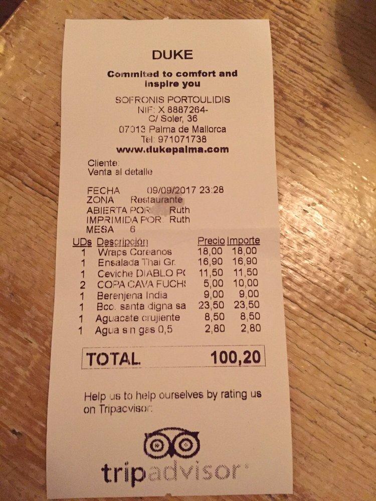 Menu at Duke Restaurant, Palma