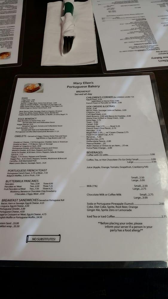 Menu at Mary Ellen's Portuguese Bakery, Falmouth