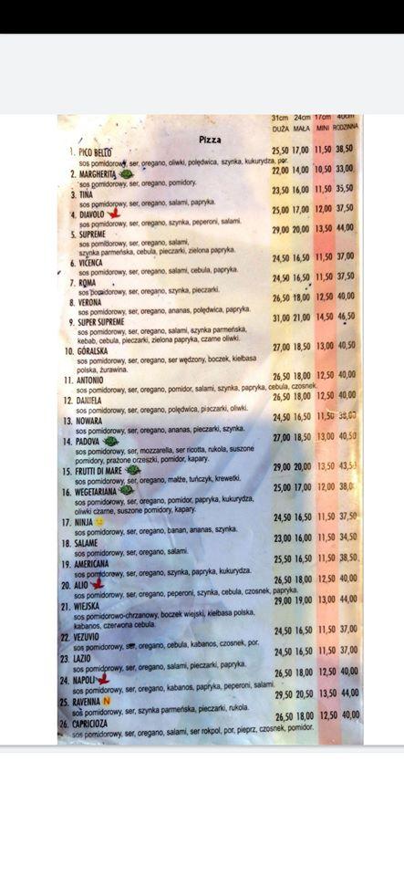 Menu at Pico Bello pizzeria, Wolsztyn