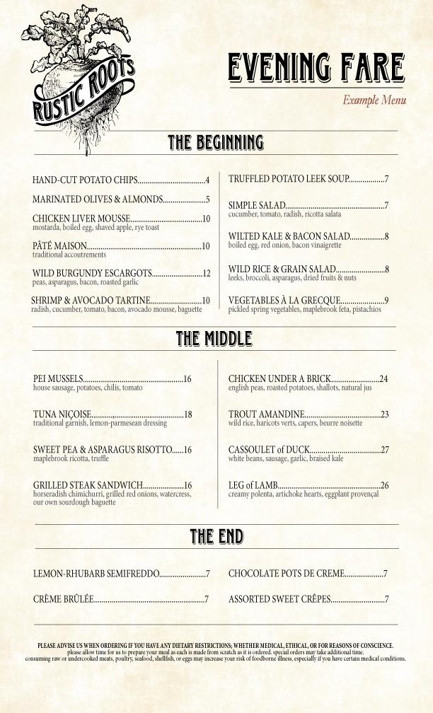 Menu at Rustic Roots pub & bar, Shelburne