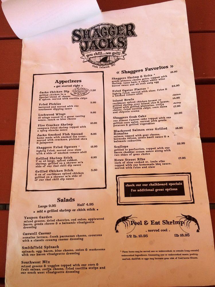 Menu at Shagger Jacks restaurant, Oak Island