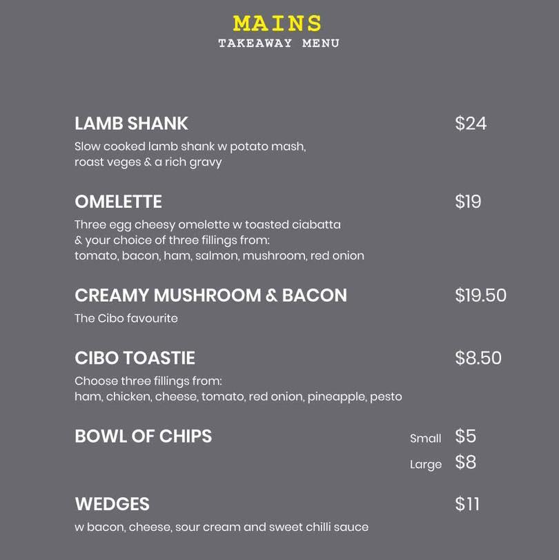 Menu at CIBO Cafe, Whangarei