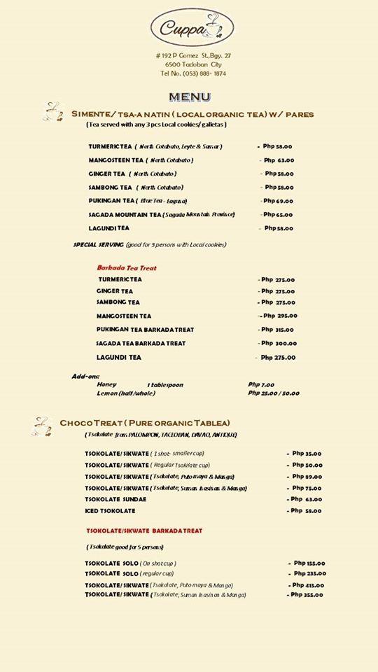 Menu at Cuppa cafe, Tacloban City