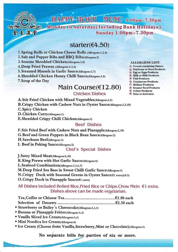 Menu at Golden Jade restaurant, Waterford, Dunmore Rd