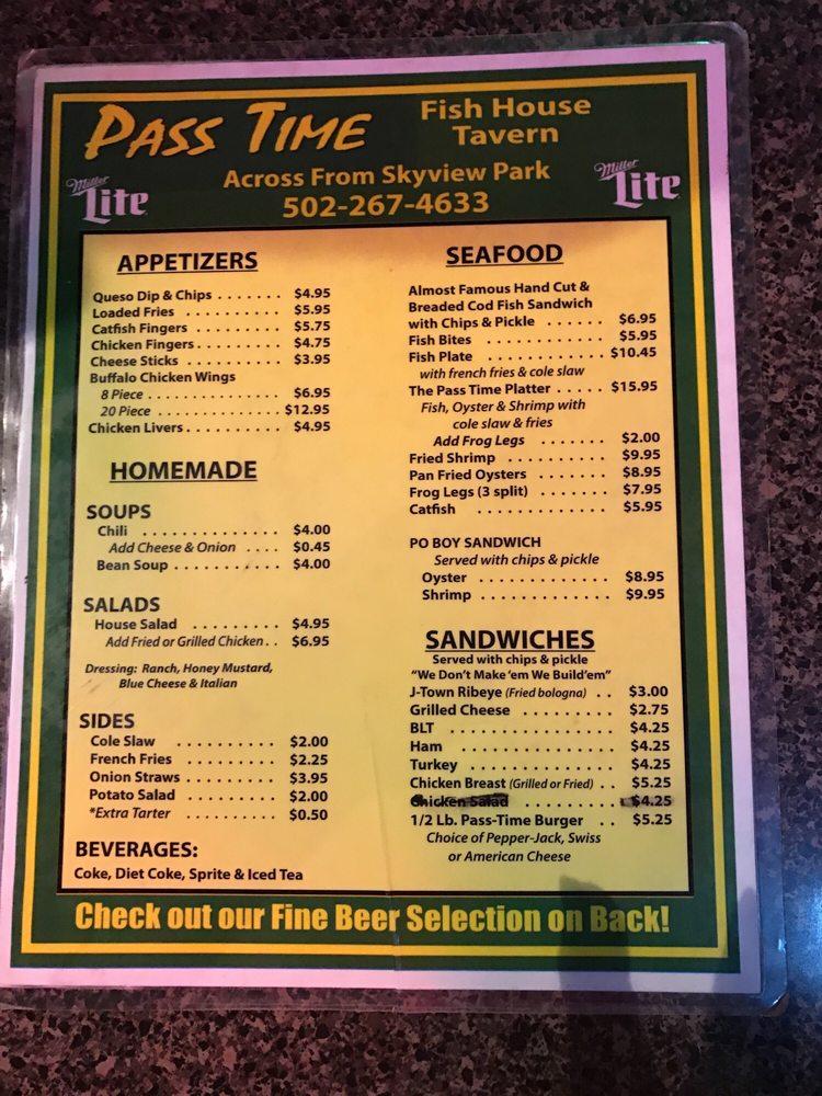 Menu at Passtime Fish House restaurant, Jeffersontown
