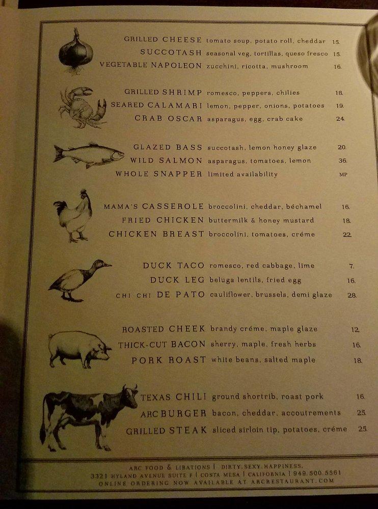 Menu at Arc Food & Libations pub & bar, Costa Mesa