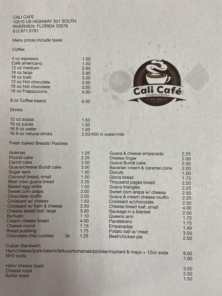 Menu at Cali Cafe, Riverview