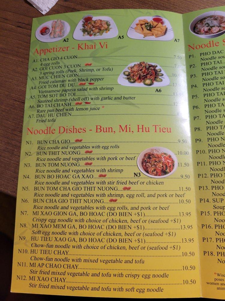 Menu at Pho VN restaurant, Sheboygan