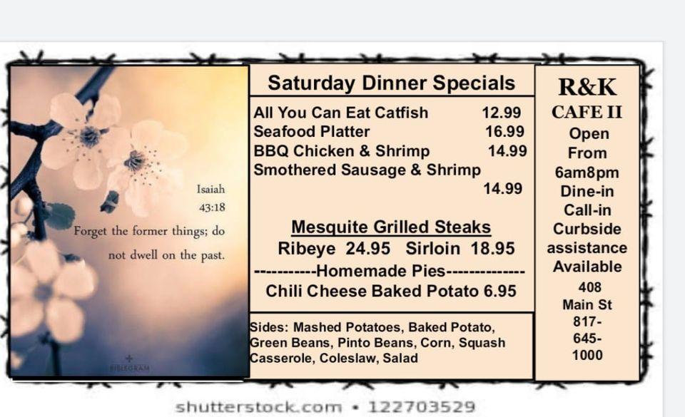 Menu at R&K Cafe II, Cleburne