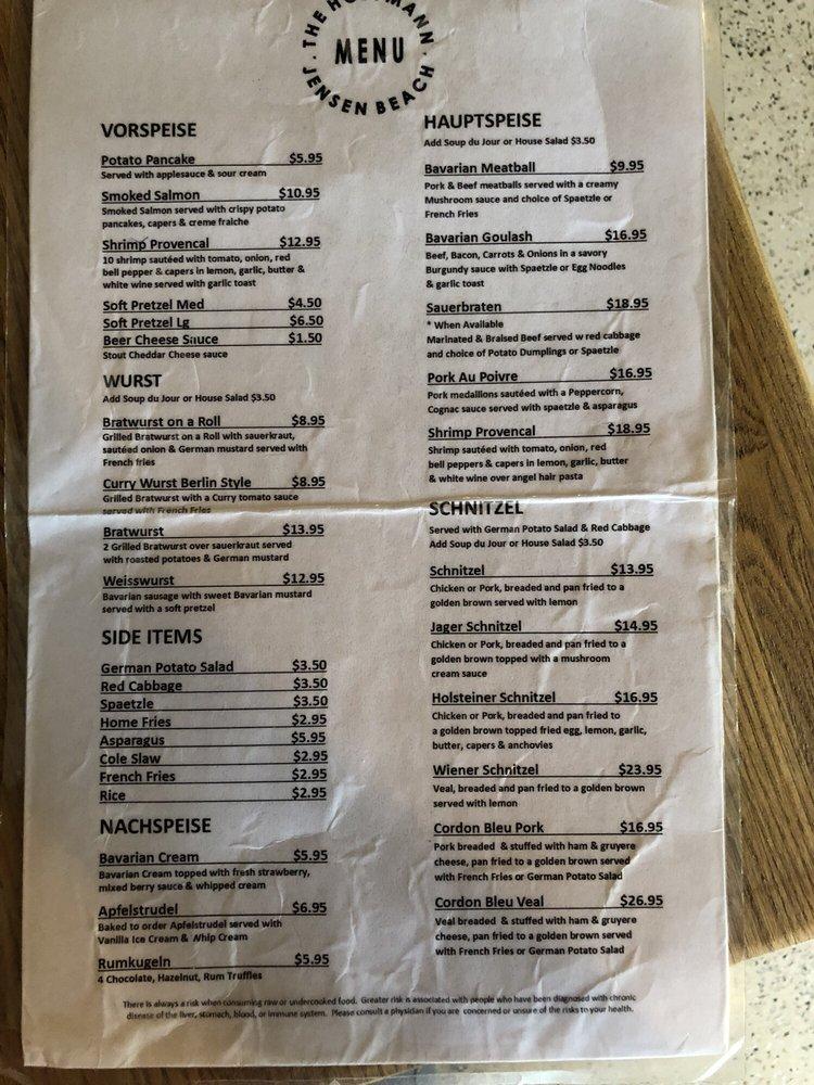 Menu at The Hoffmann restaurant, Jensen Beach