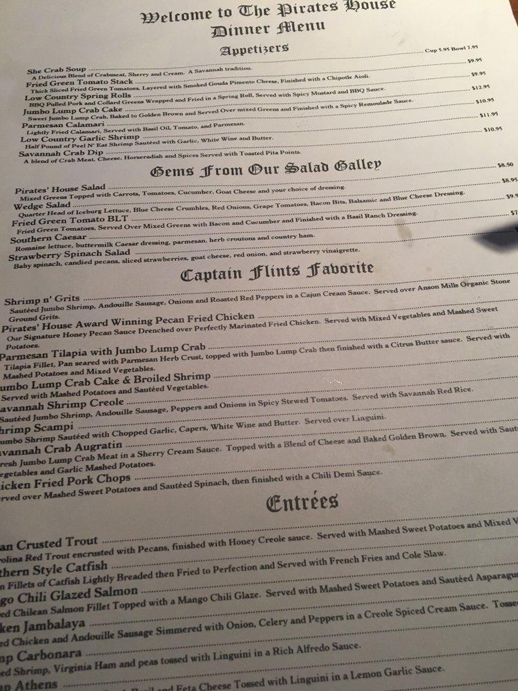 Menu at The Pirates' House restaurant, Savannah