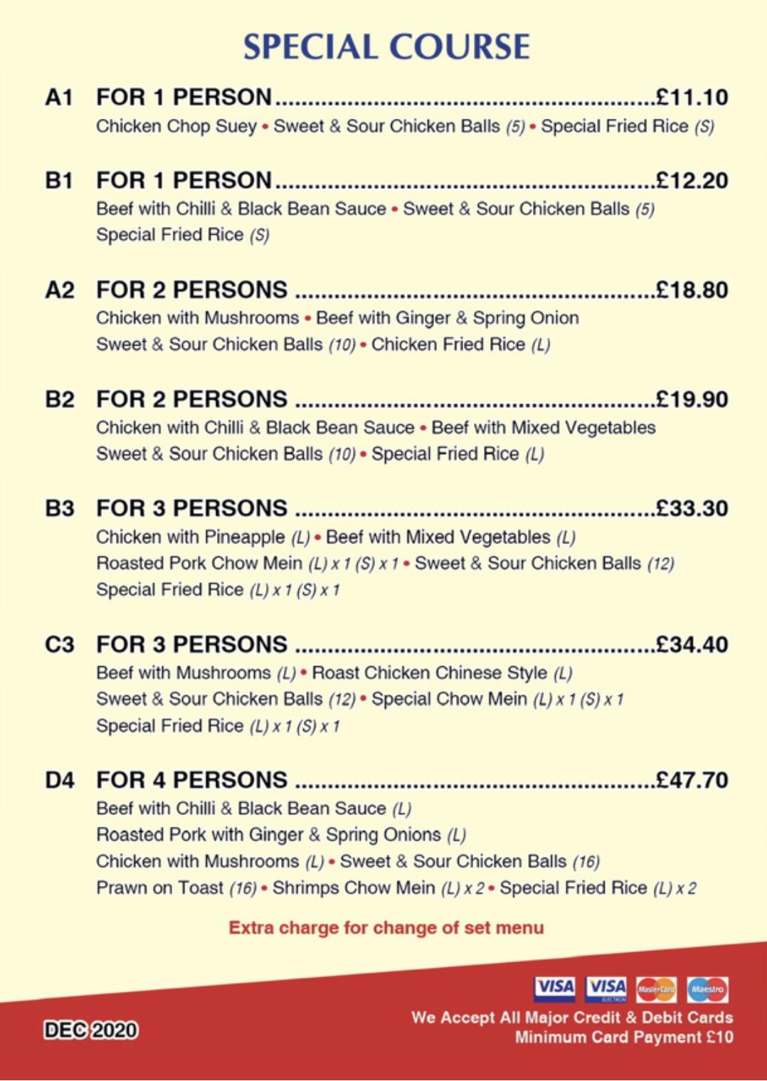 Menu at Yong’s Chinese Take-Away restaurant, Dagenham, East