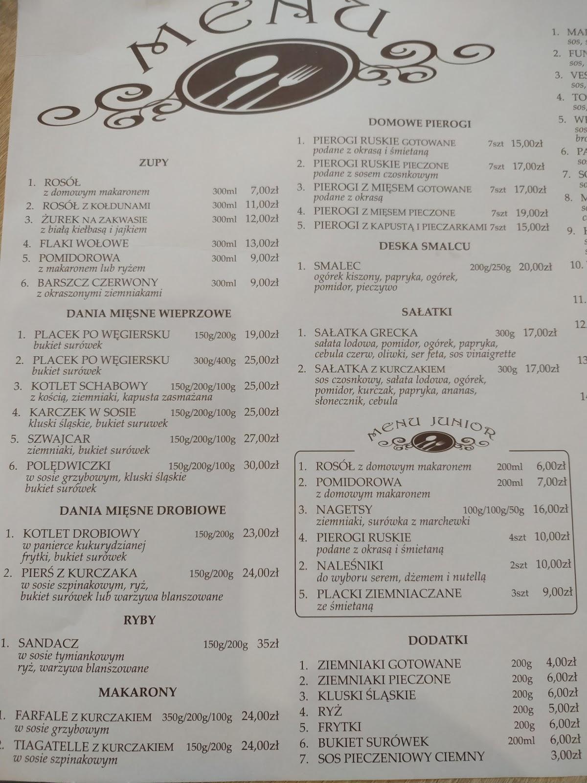 Menu at Zajazd Przywodzie restaurant, Kowary