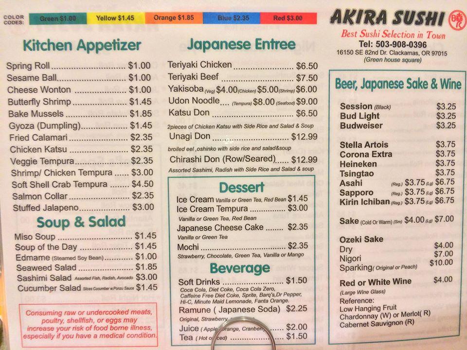 Menu at Akira Sushi restaurant, Clackamas