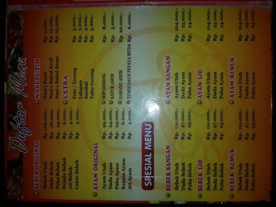 Menu at Bebek & Ayam Pak Ndut restaurant, Samarinda