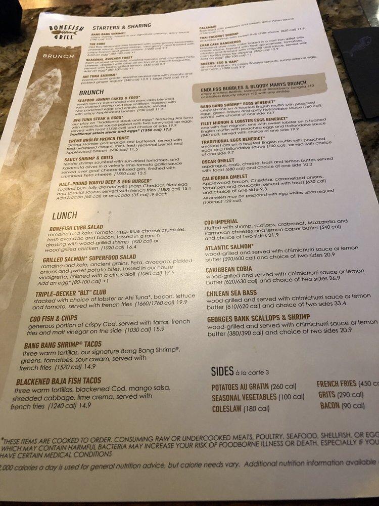 Menu at Bonefish Grill restaurant, Boynton Beach