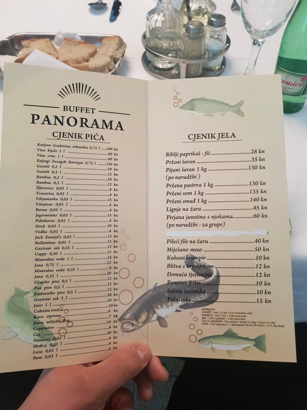 Menu au Buffet Panorama restaurant, Croatie